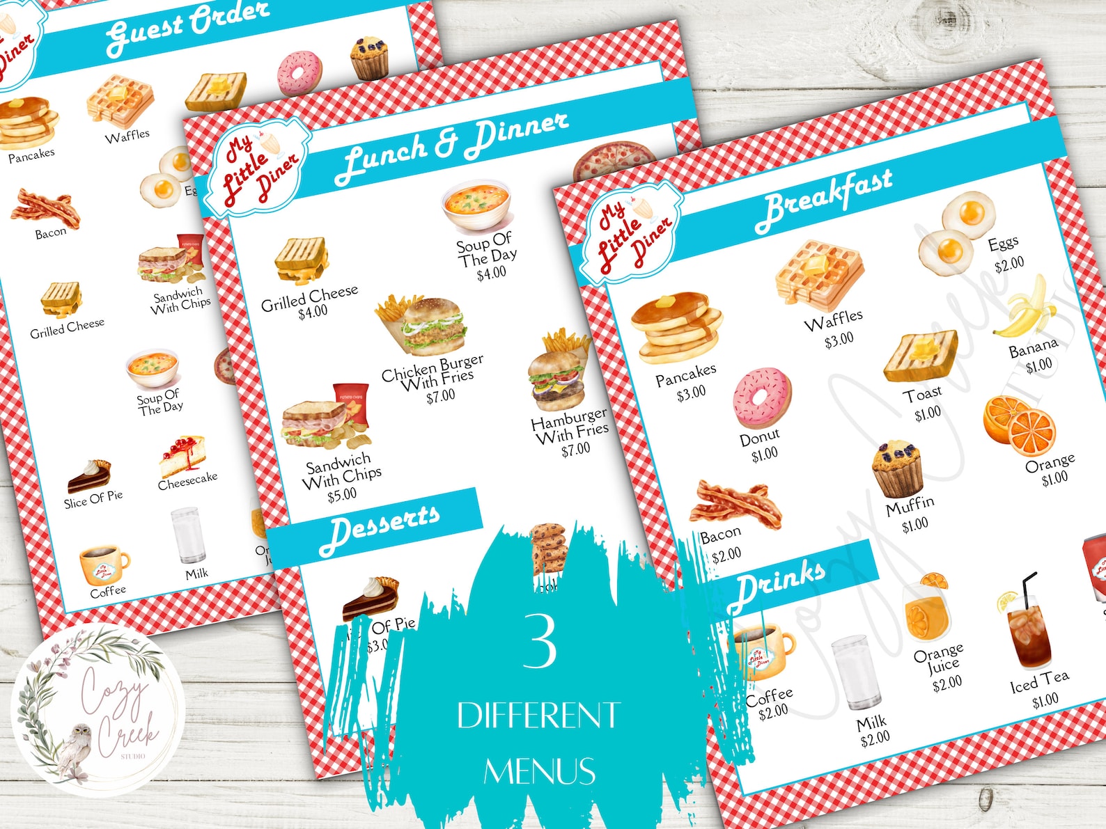 Printable Kids Play Diner Menu Set | Kids Pretend Play Menus, Guest ...