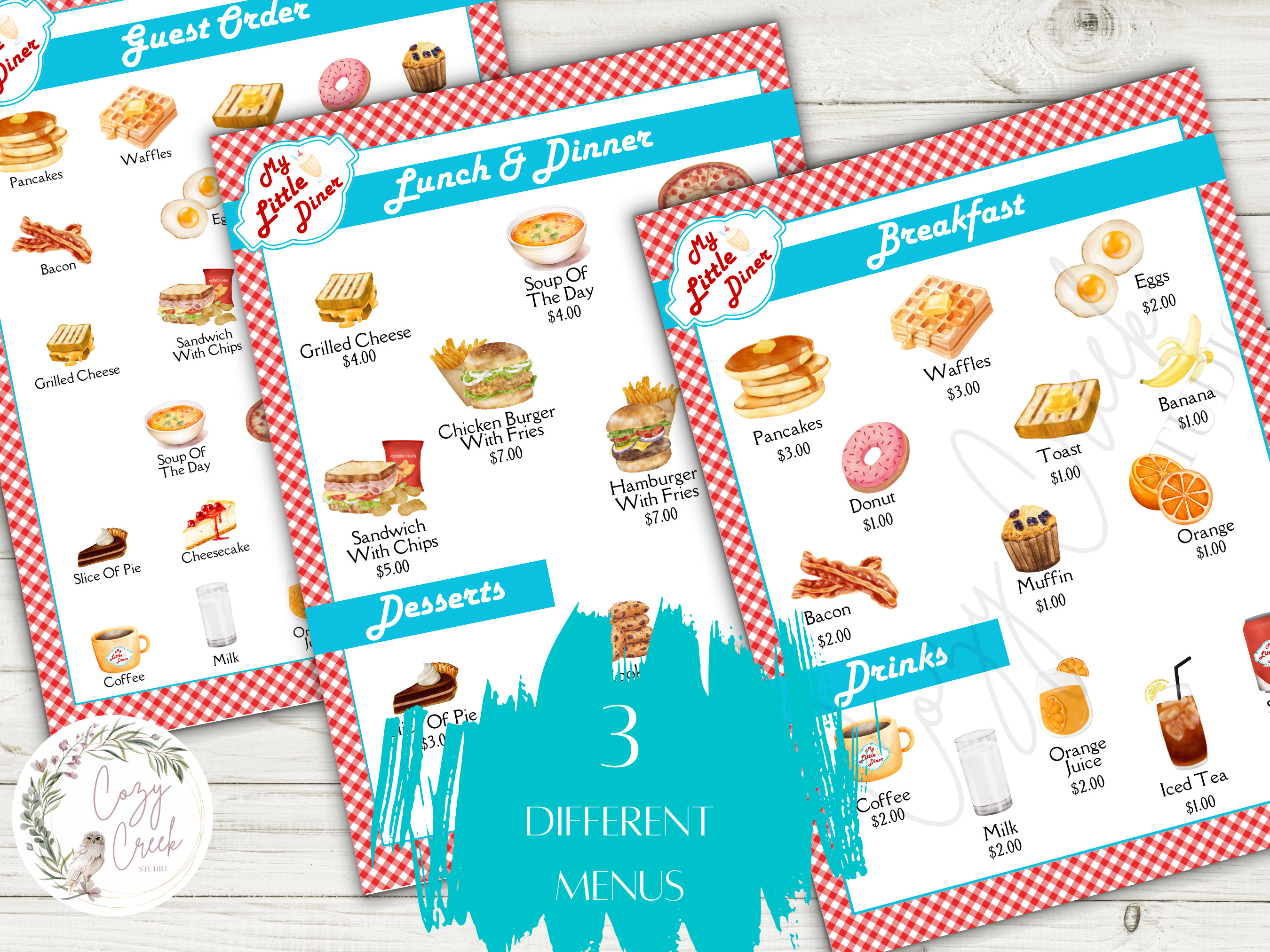 Printable Kids Play Diner Menu Set | Kids Pretend Play Menus, Guest ...