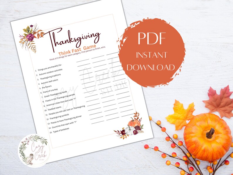 Printable Thanksgiving Game | Think Fast Game | Family Game ...