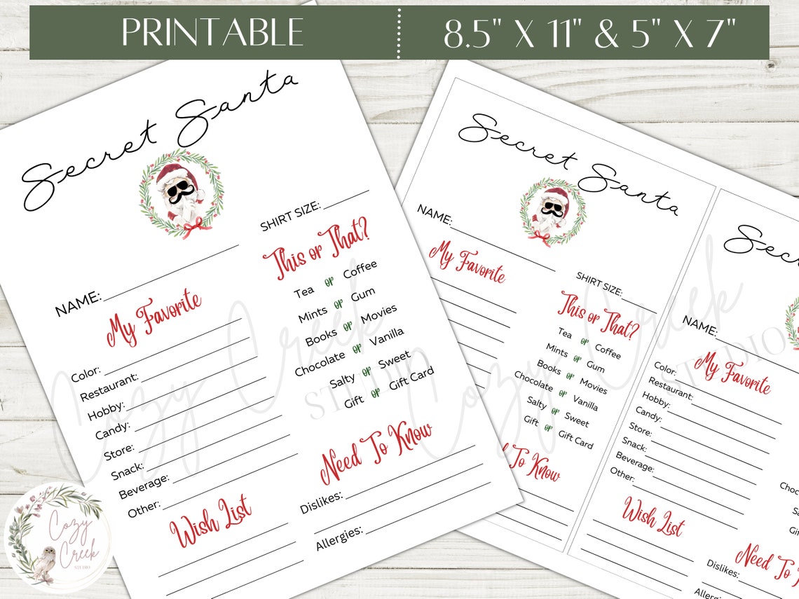 Printable Secret Santa Questionnaire Sign up Sheet Secret Santa Gift ...