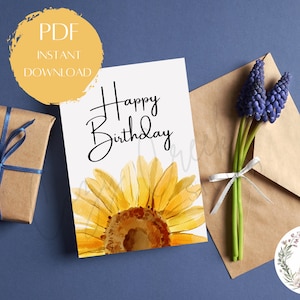 Watercolor Sunflower Birthday Card | Blank Greeting Card (instant ...
