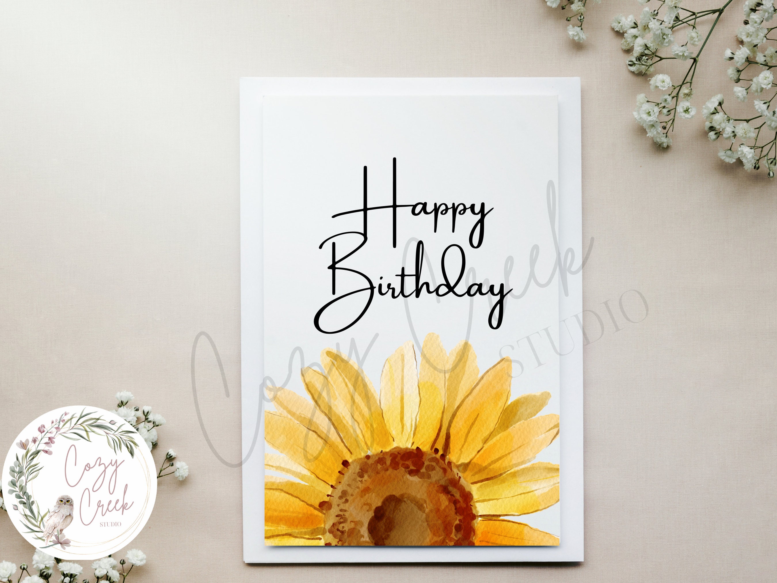 Printable Sunflower Birthday Card | Watercolor Sunflower Card | Side ...