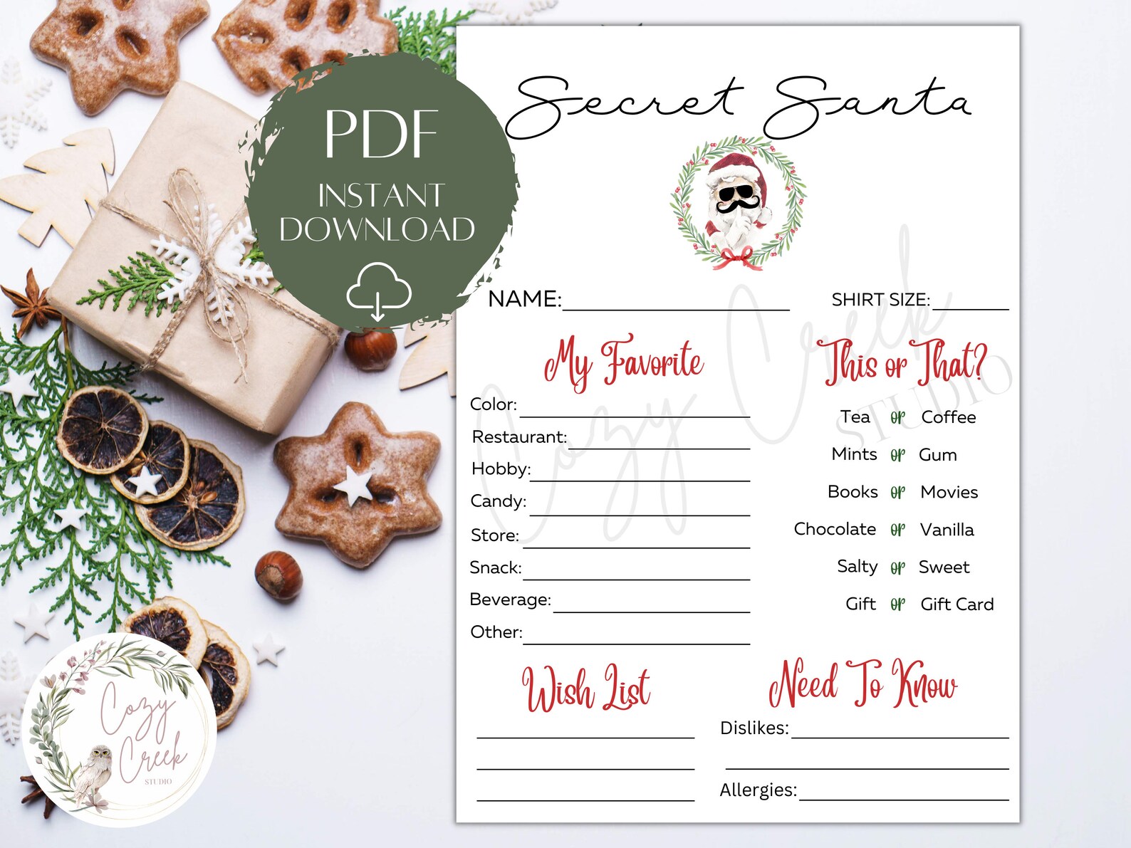 Printable Secret Santa Questionnaire Sign up Sheet Secret Santa Gift ...