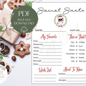Printable Secret Santa Questionnaire Sign up Sheet Secret Santa Gift ...