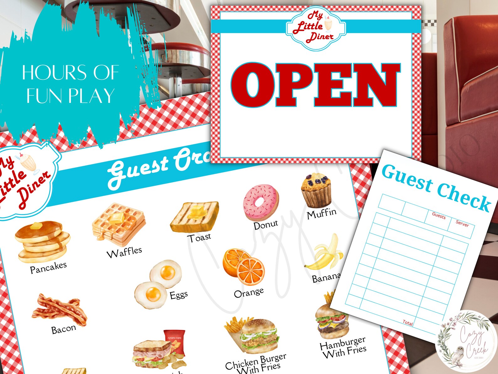 Printable Kids Play Diner Menu Set | Kids Pretend Play Menus, Guest ...