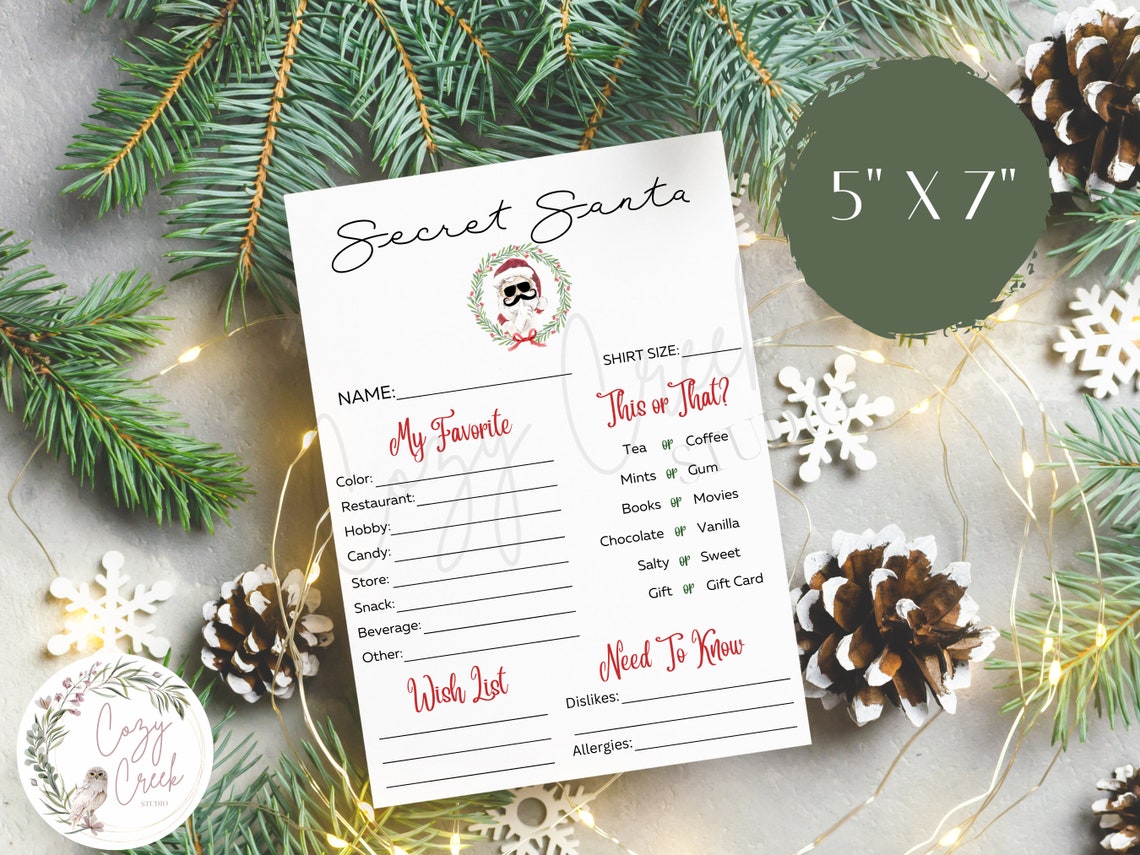 Printable Secret Santa Questionnaire Secret Santa Gift - Etsy