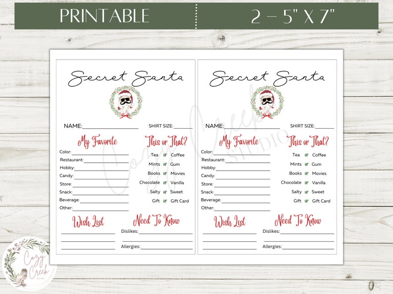 Printable Secret Santa Questionnaire Secret Santa Gift - Etsy