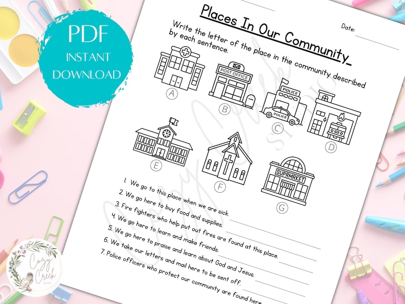 Printable Kids Community Places Worksheet | Elementary Social Studies ...