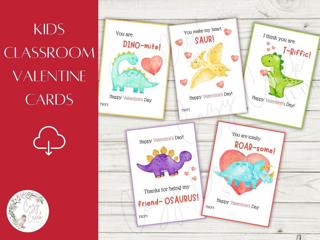 Dinosaur Kids Classroom Valentine Cards | Kids School Valentines | Dino ...