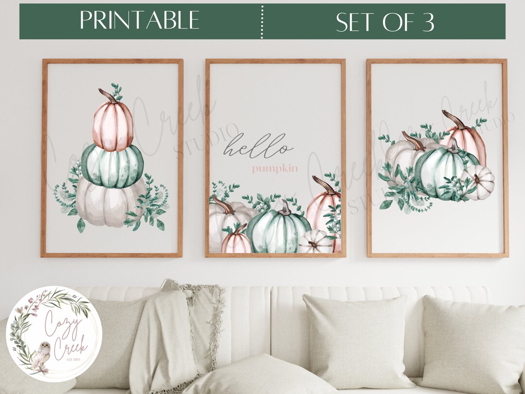 Printable Watercolor Fall Decor | Hello Pumpkin Wall Art Set | Autumn ...