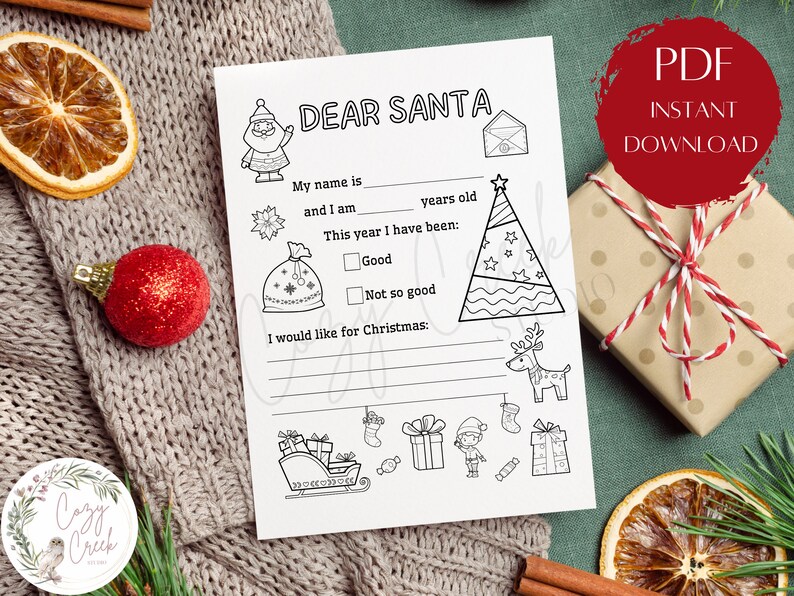 Printable Dear Santa Coloring Page Kids Holiday Coloring Activity Dear ...