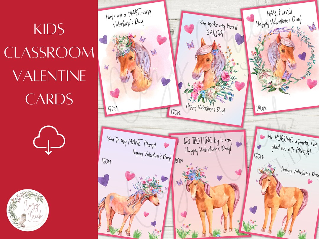 Kids Classroom Horse Valentines | Printable, Digital, Watercolor ...