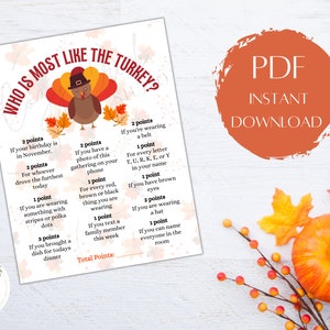 Printable Thanksgiving Game | Who is Most Like the Turkey | Family Game ...