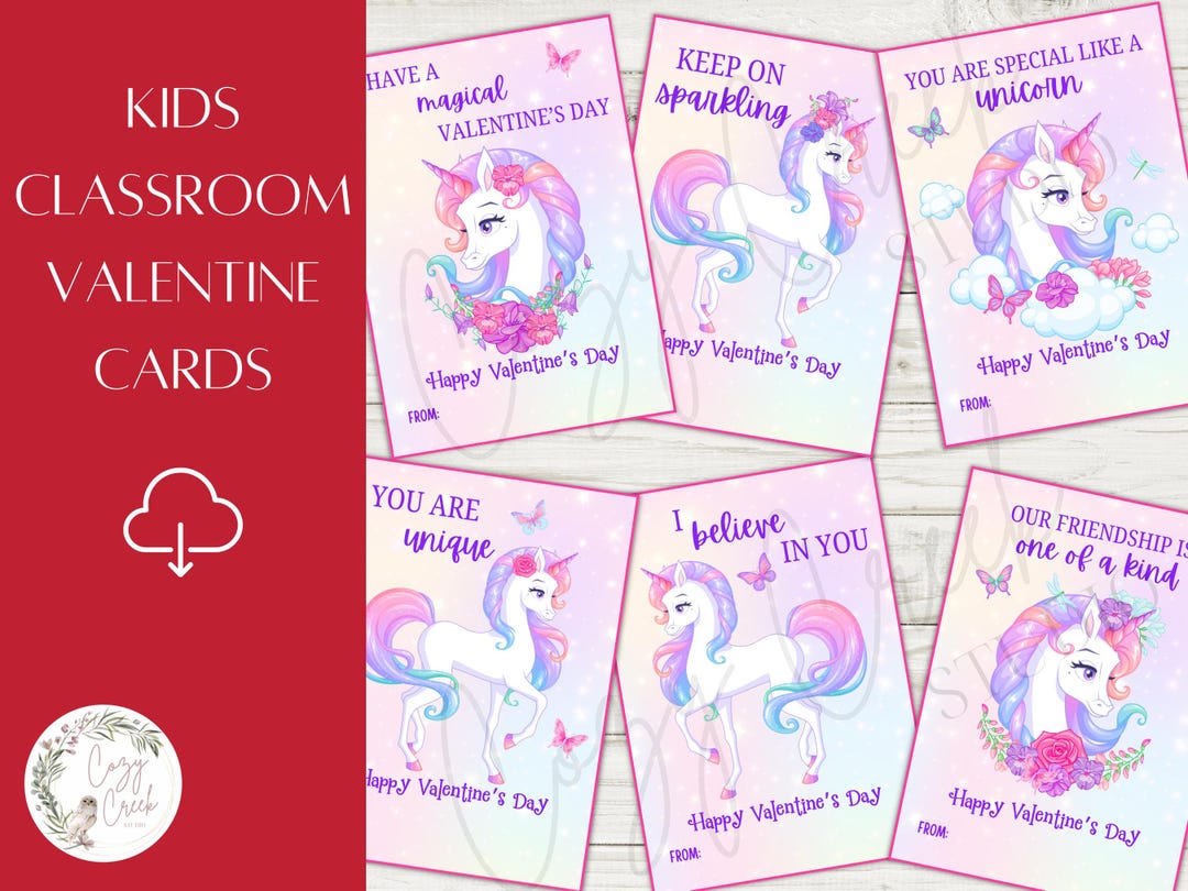 Printable Kids Unicorn Valentine | Colorful Bright Classroom Valentine ...