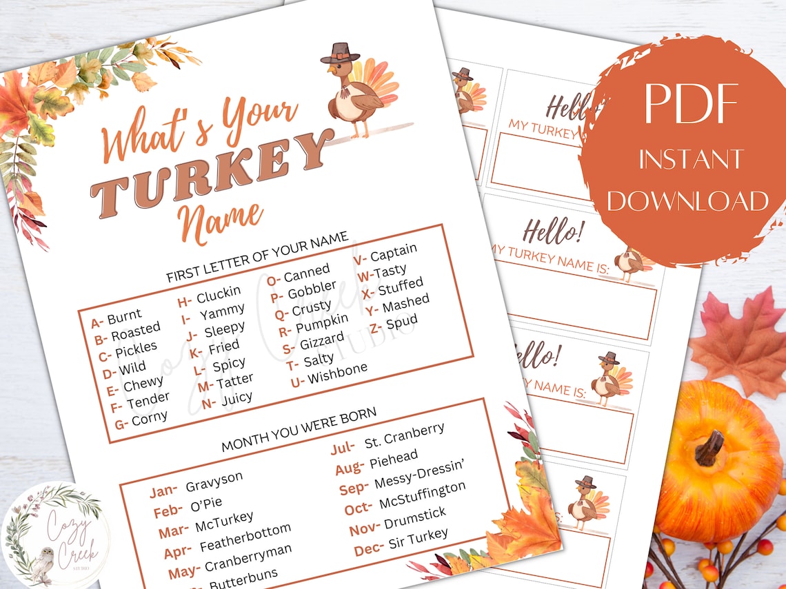 Printable What's Your Turkey Name Game | Matching Name Tags Foldable ...