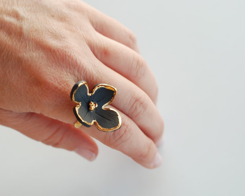 Matte Black Floral Porcelain Ring With Gold Rims Ceramic - Etsy