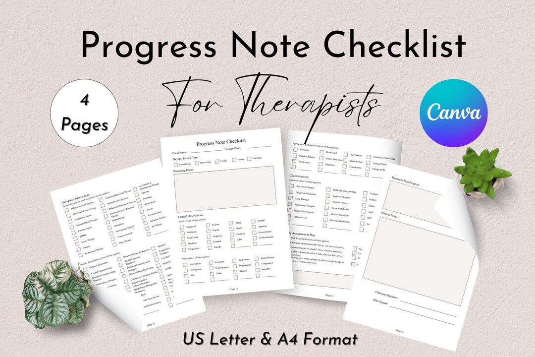 Progress Note Checklist Template Therapist Psychotherapist - Etsy