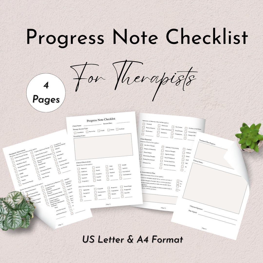 Progress Note Checklist Template Therapist Psychotherapist Counselor ...