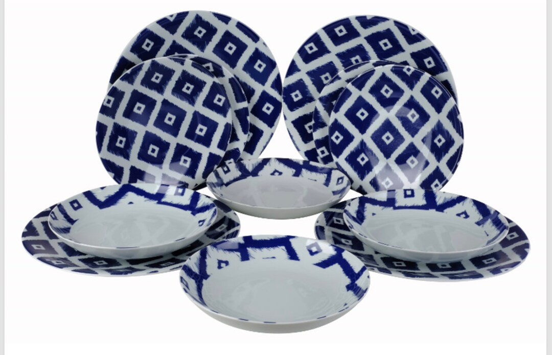 12 Piece Porcelain Dinnerware Set Blue Mediterranean Pattern - Etsy