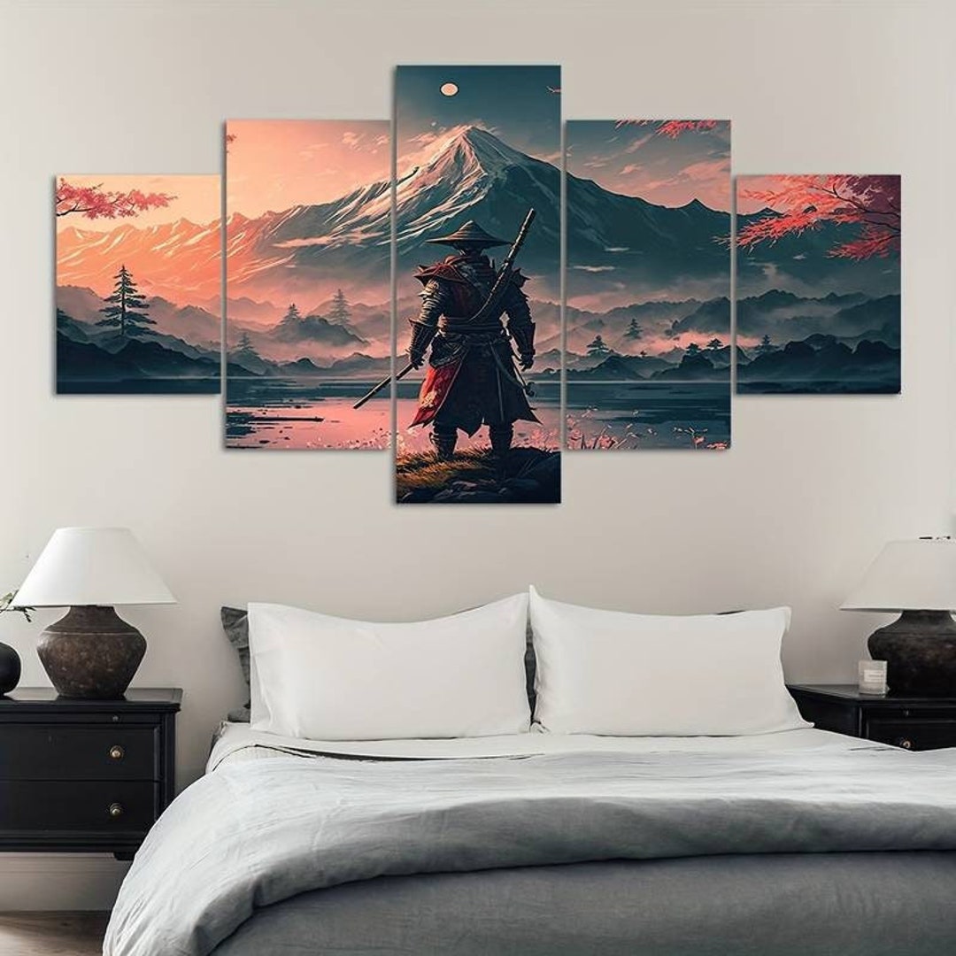 Standing Samurai Mountain Landscape, Canvas Wall Art Framed Multi Panel ...