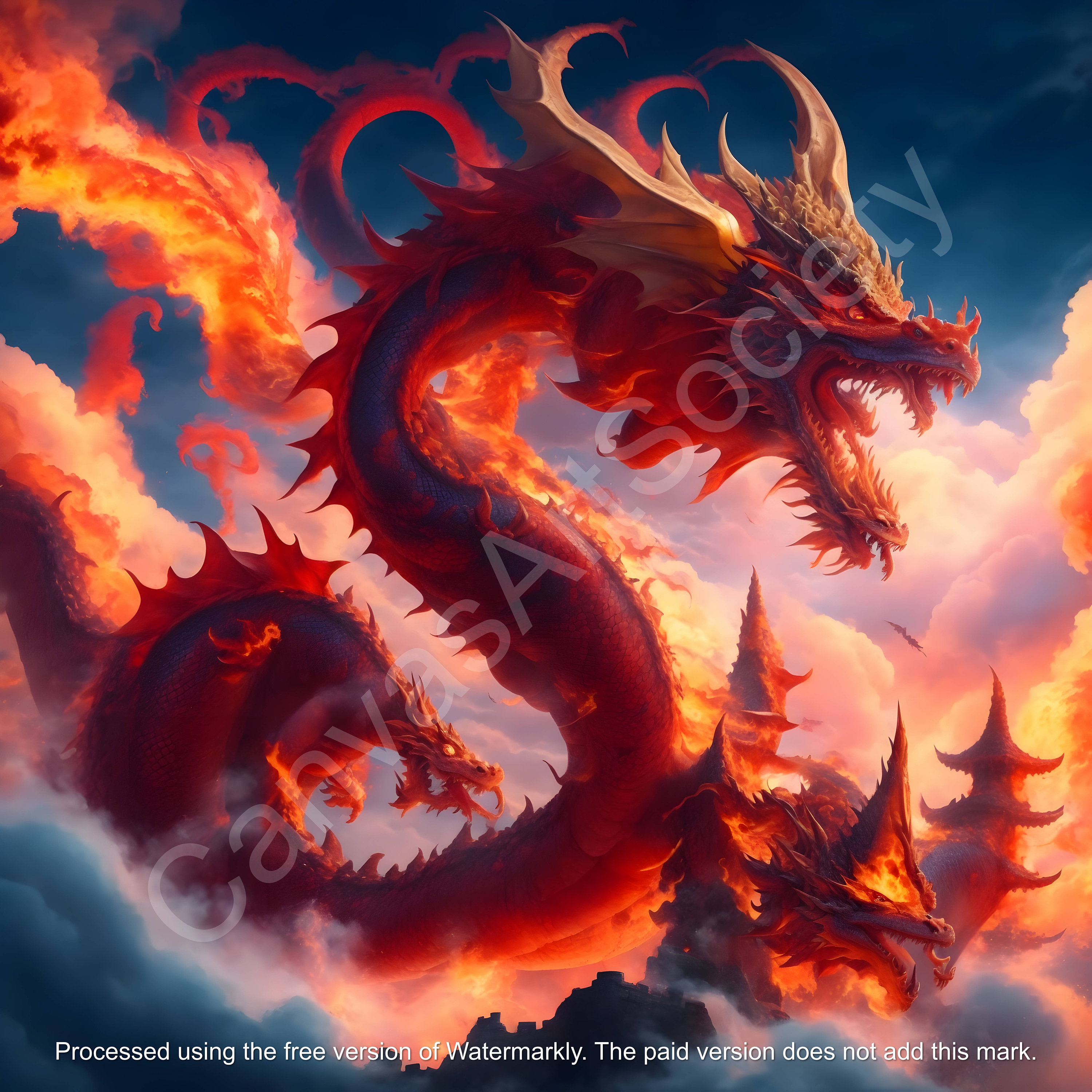 Abstract Fiery Red Dragon Full Body in Swirling Clouds With Castle ...