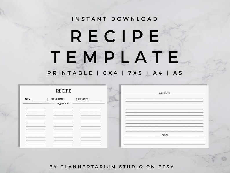 Recipe Card Printable Double Sided Minimal Design Instant Download 7 X ...