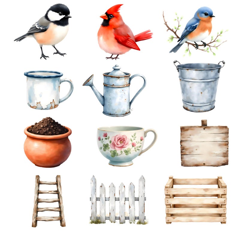 Birdhouse Garden Clipart Collection PNG - 65 Watercolor Garden Elements ...