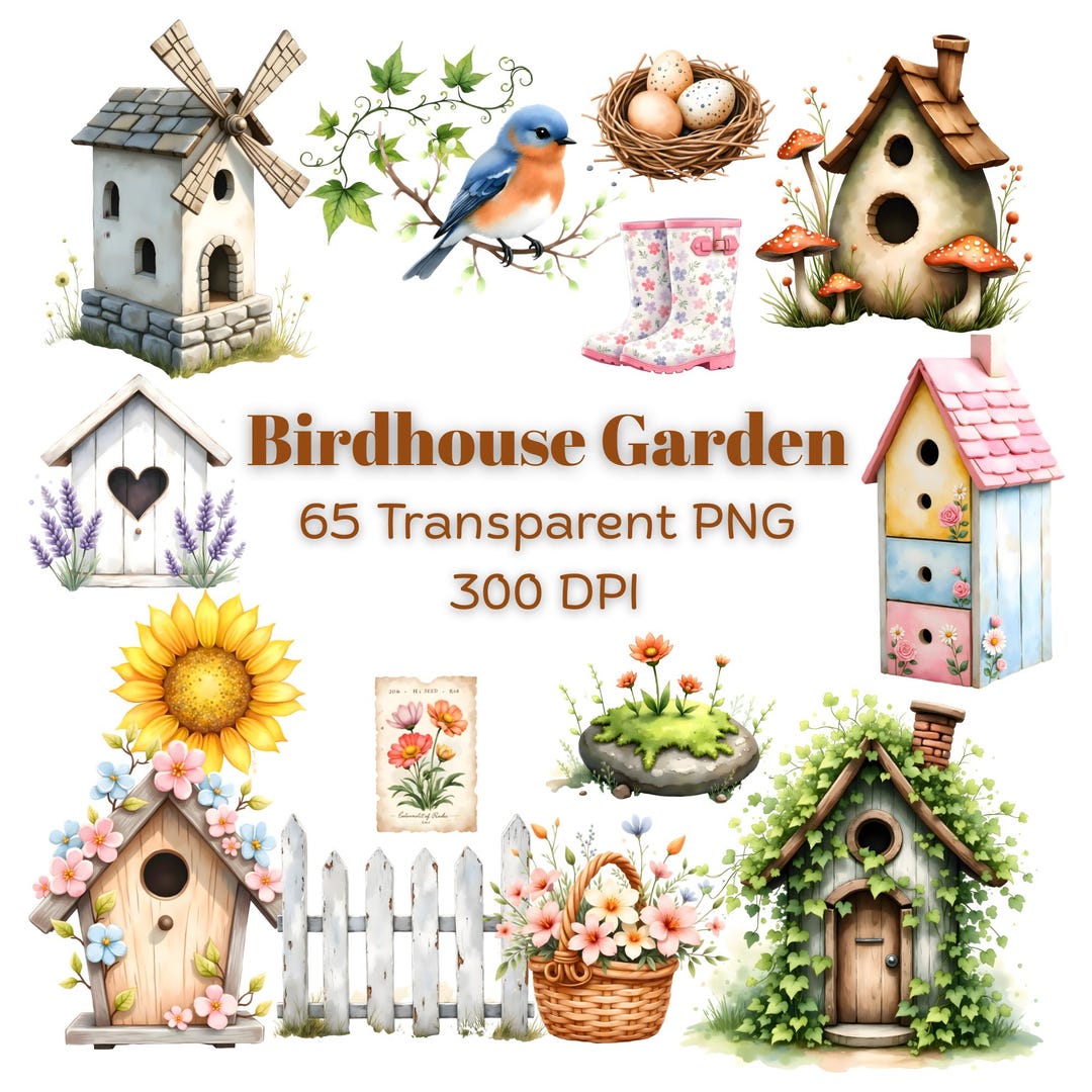 Birdhouse Garden Clipart Collection PNG - 65 Watercolor Garden Elements ...