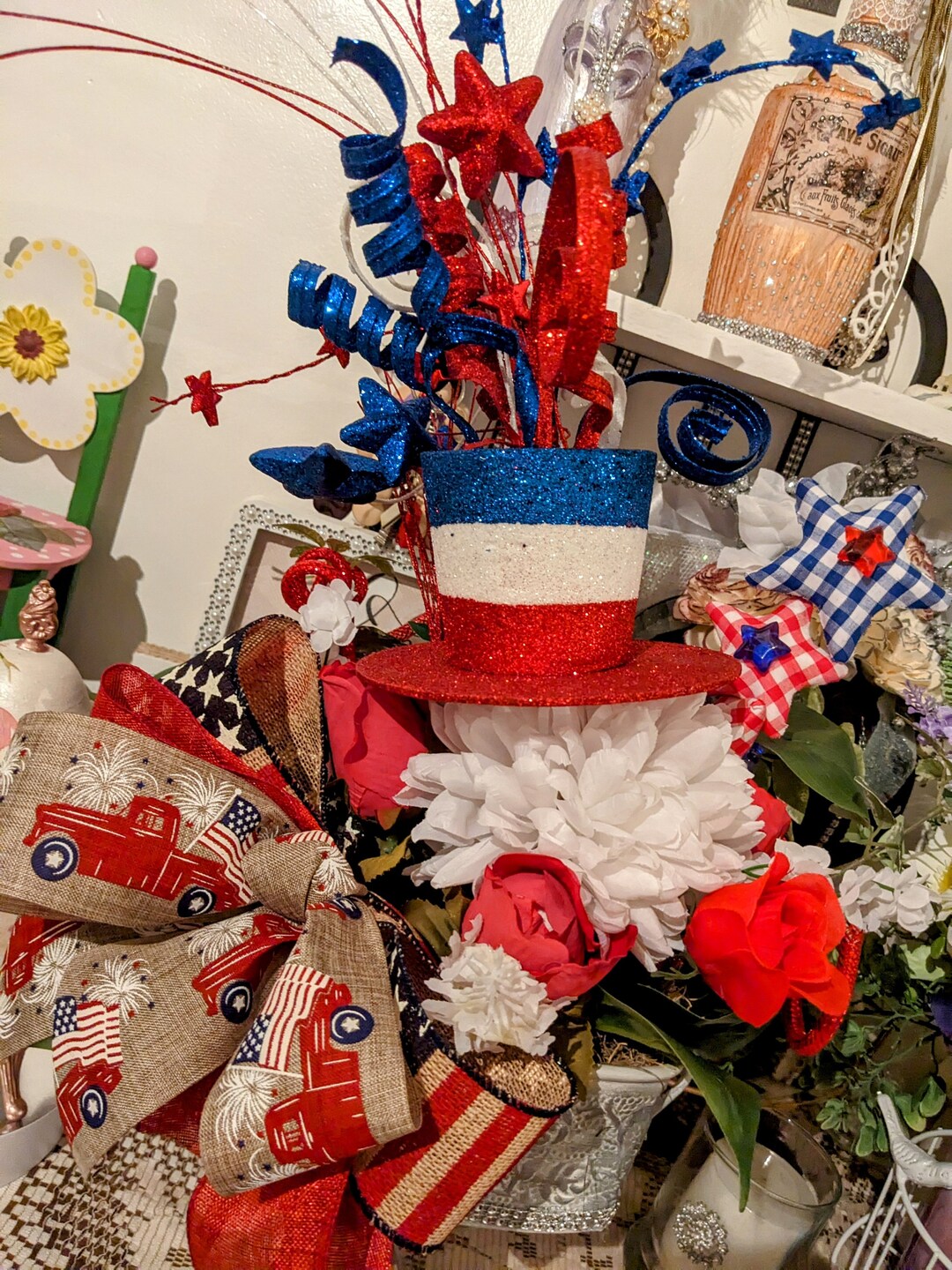 Patriotic 4th of July Floral Design, Red White Blue Decor With Glitter ...