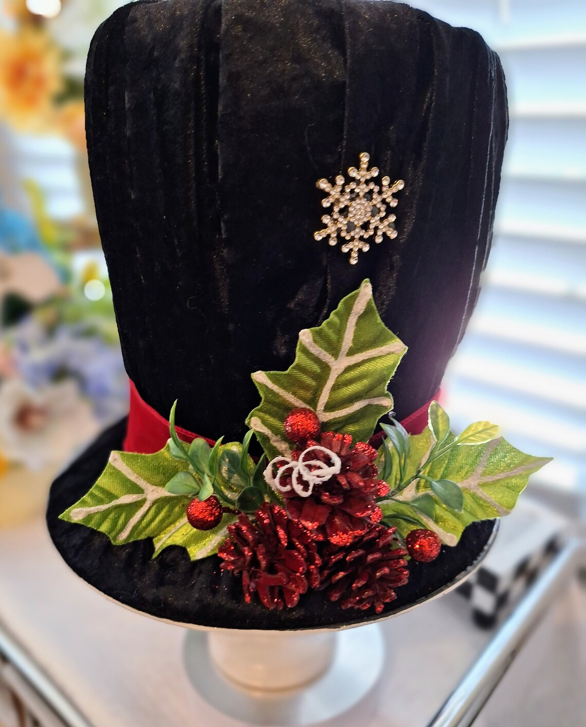 Handmade Black Velvet Top Hat Floral Arrangement: Poinsettia & Pearls ...