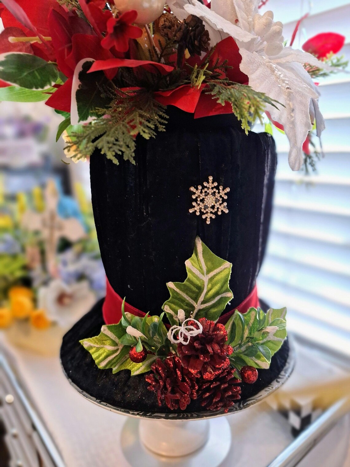 Handmade Black Velvet Top Hat Floral Arrangement: Poinsettia & Pearls ...
