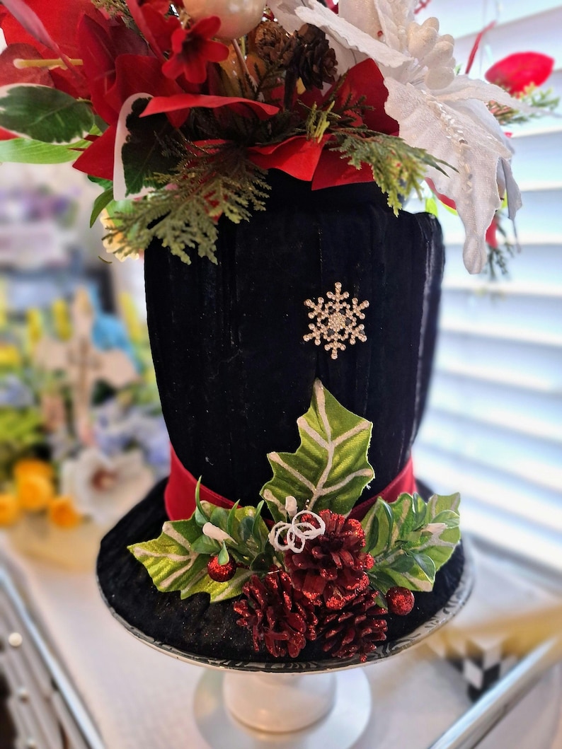 Handmade Black Velvet Top Hat Floral Arrangement: Poinsettia & Pearls ...