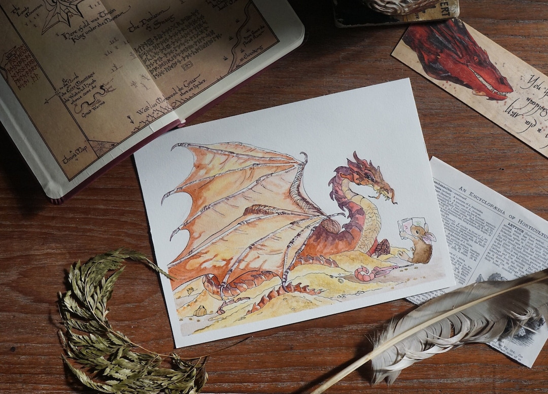 Long Forgotten Gold Smaug Dragon Art Print & Bestiary Tolkien Wall Art ...