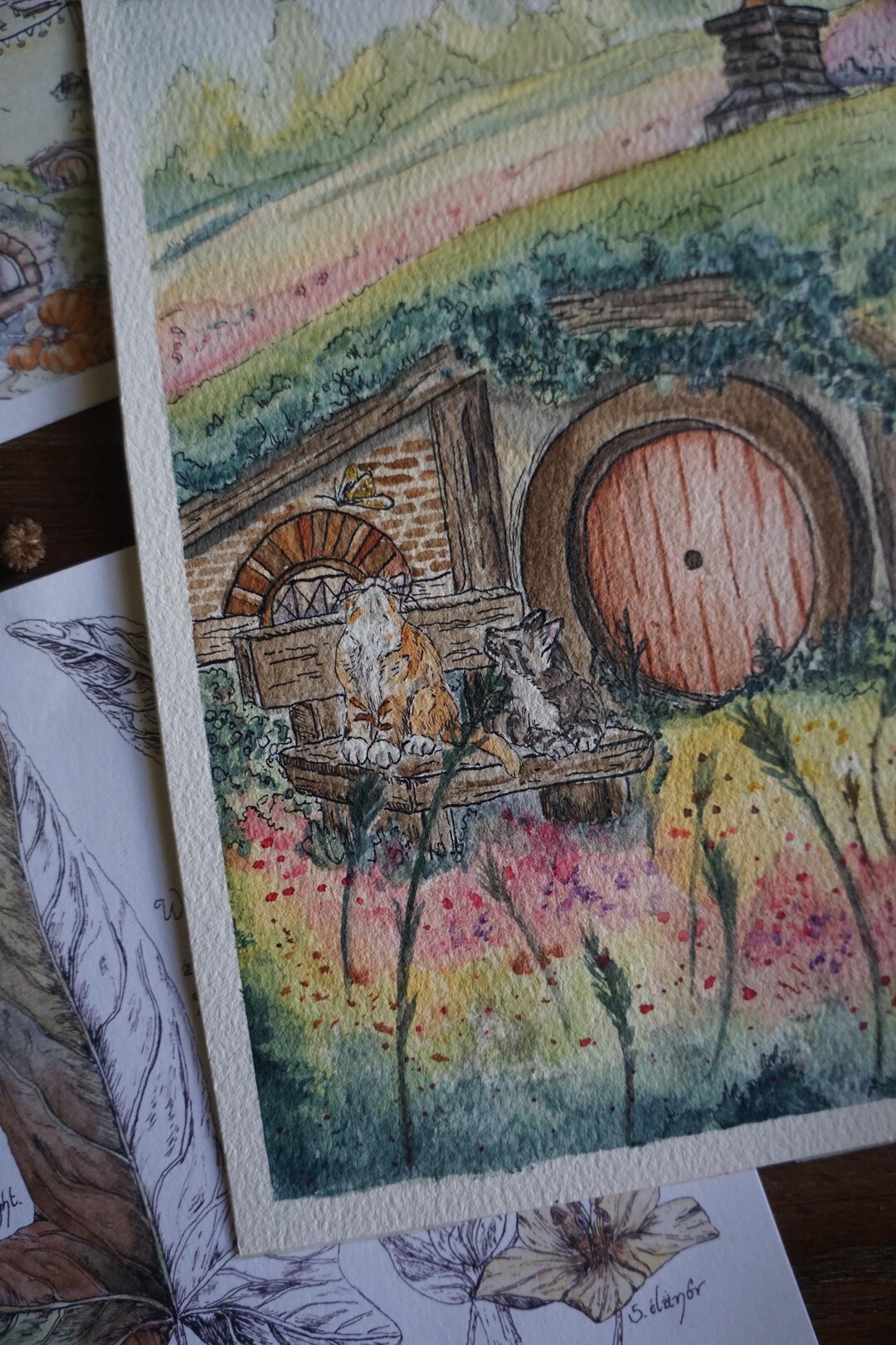 Cats of Bag End Art Print - Hobbit Hole Watercolor Shire Landscape ...
