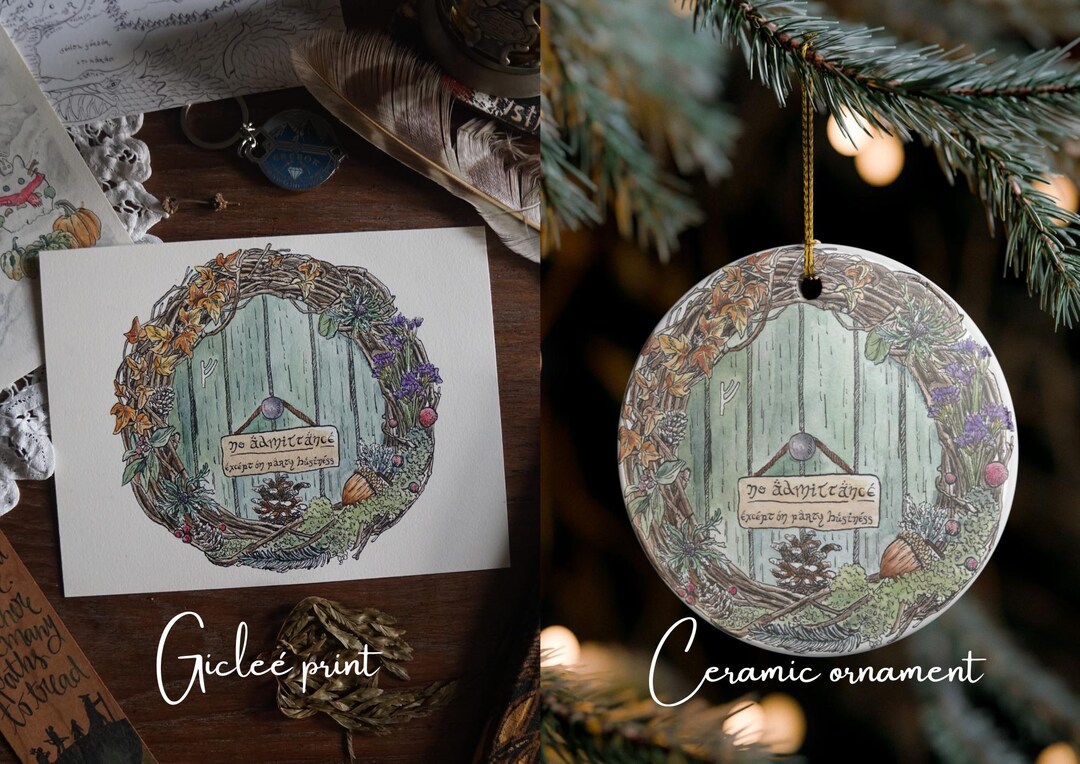 Hobbit Door Wreath Ceramic Ornament & Hobbitcore Giclee Art Print ...