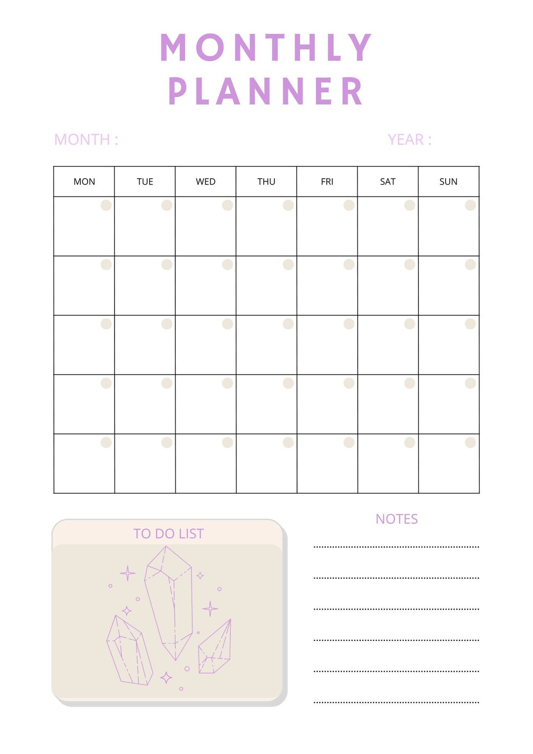 Monthly Planner Printable Single Lila Sheet - Etsy