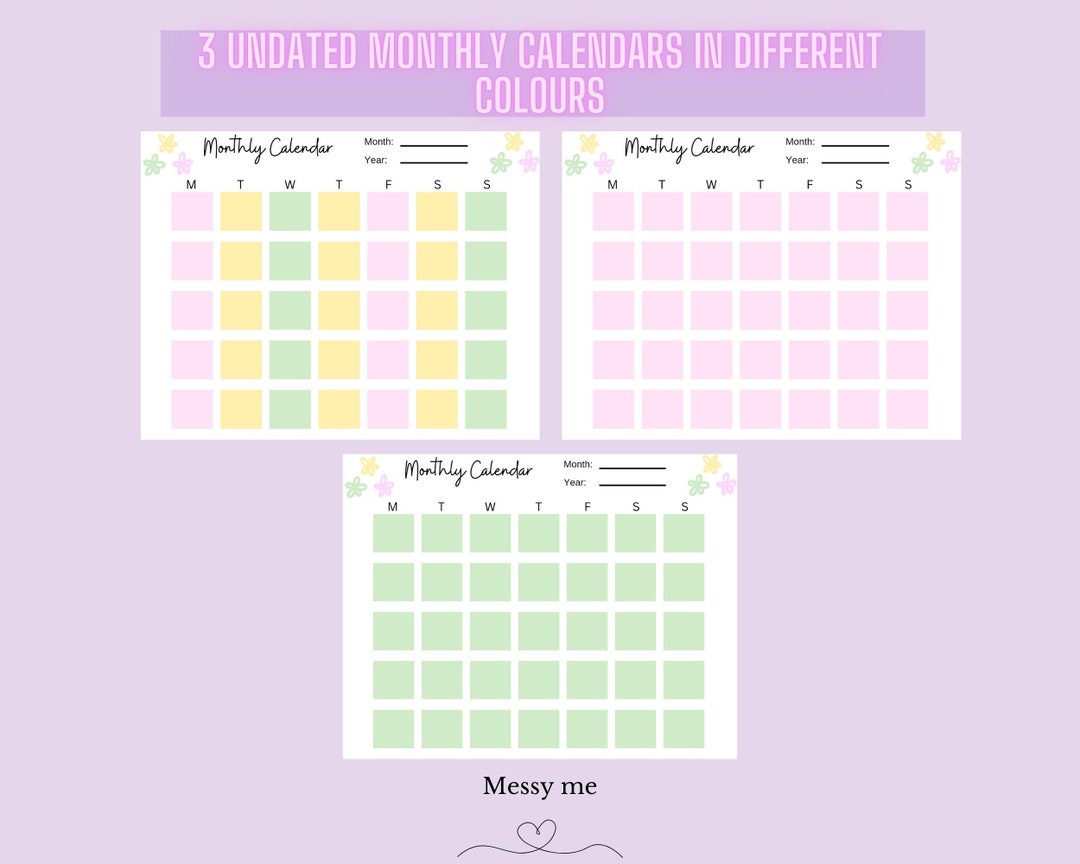 Undated Monthly Calendar, Pastel Colours, Rainbow Calendar, Flower ...