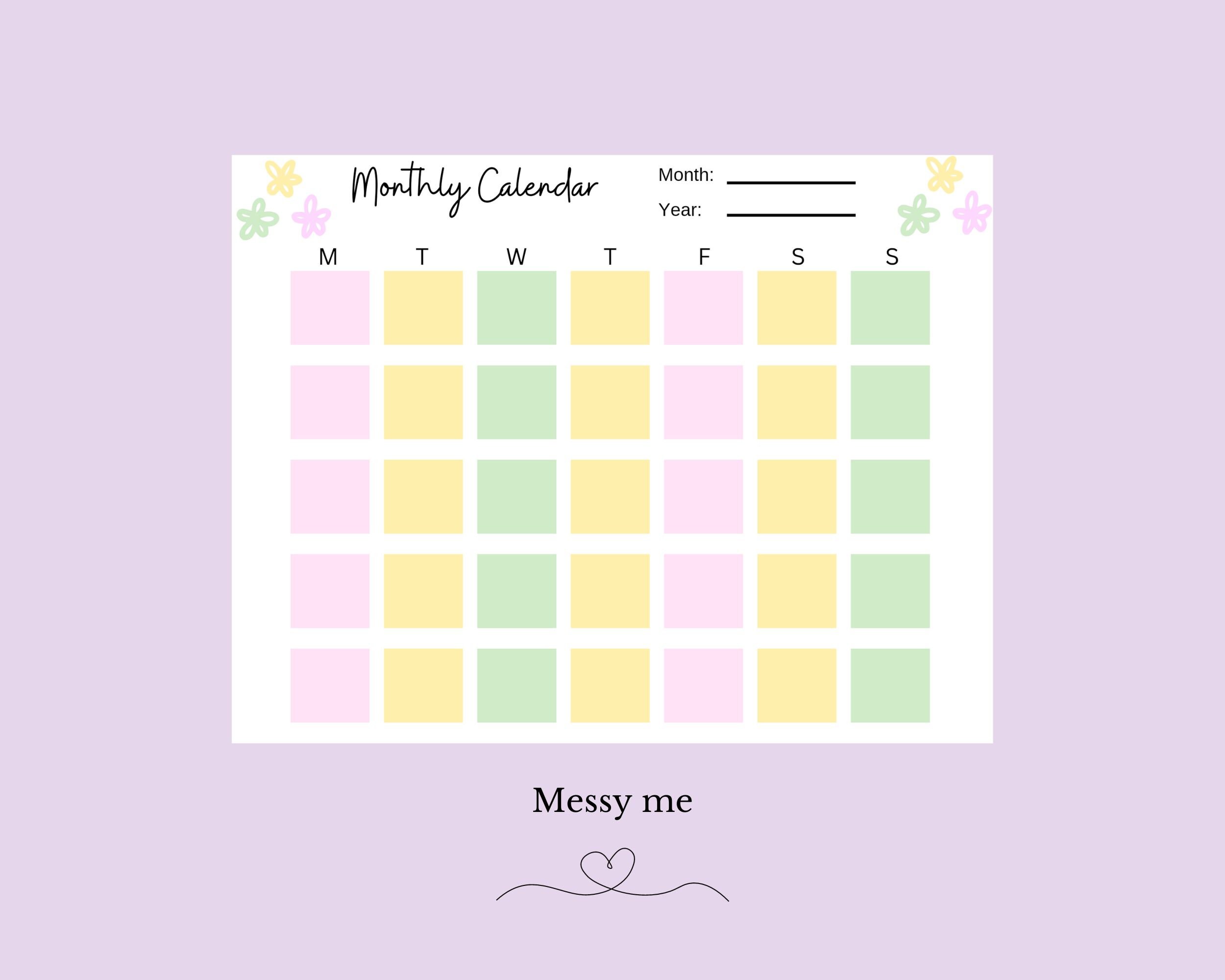 Undated Monthly Calendar, Pastel Colours, Rainbow Calendar, Flower ...