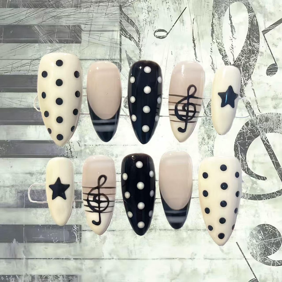 Polka Dots Musical Notes Press-on Nail – Hand-painted French Tips, Star ...