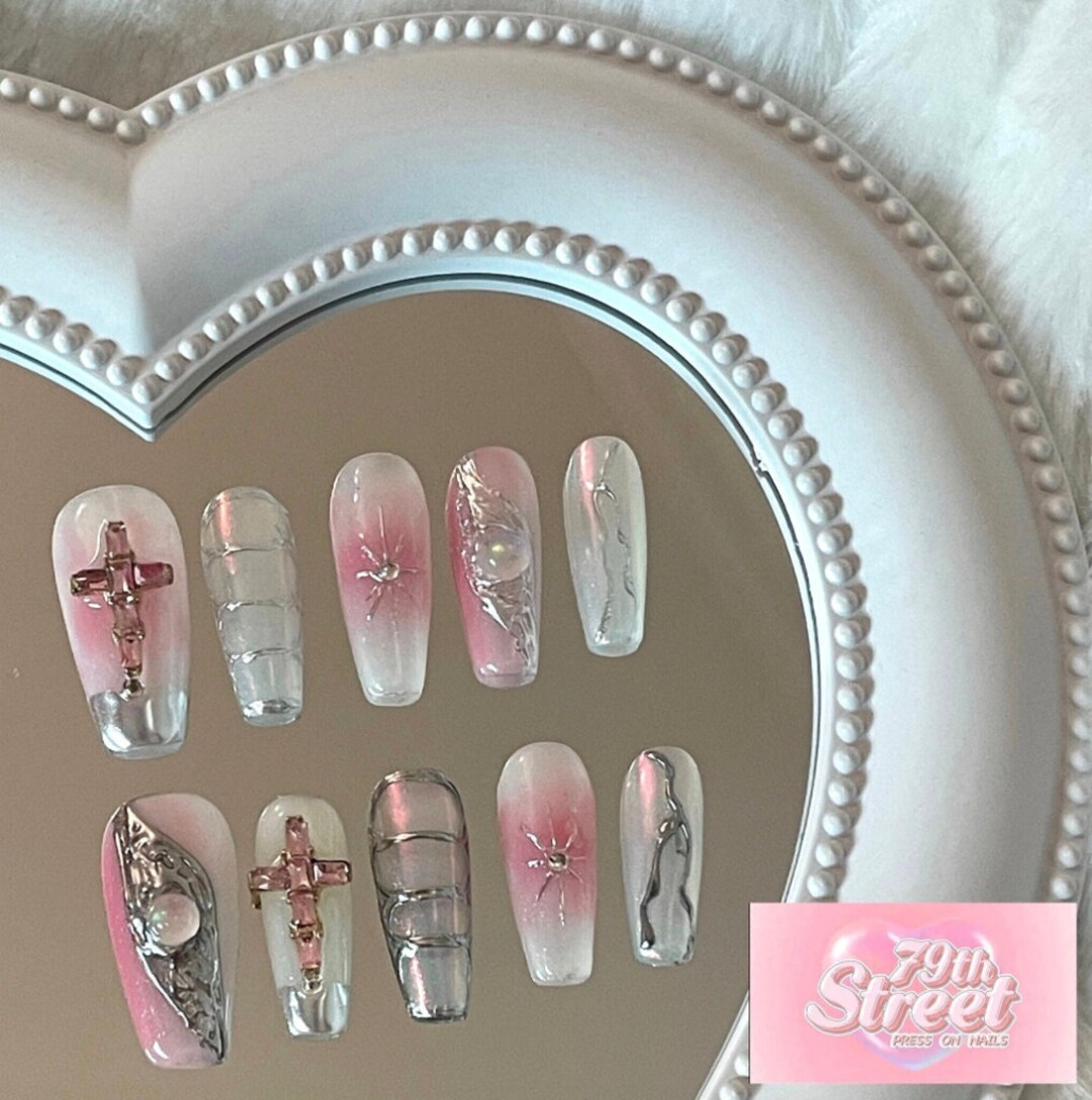Pink Crystal Cross Handmade Aesthetic Press on Nails - Etsy