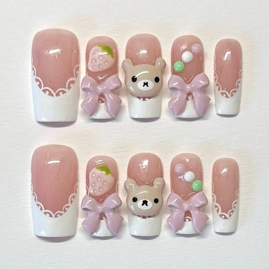Mochi Rilakkuma Press-on Nails – Kawaii Pastel Bear Set, Hand-sculpted ...