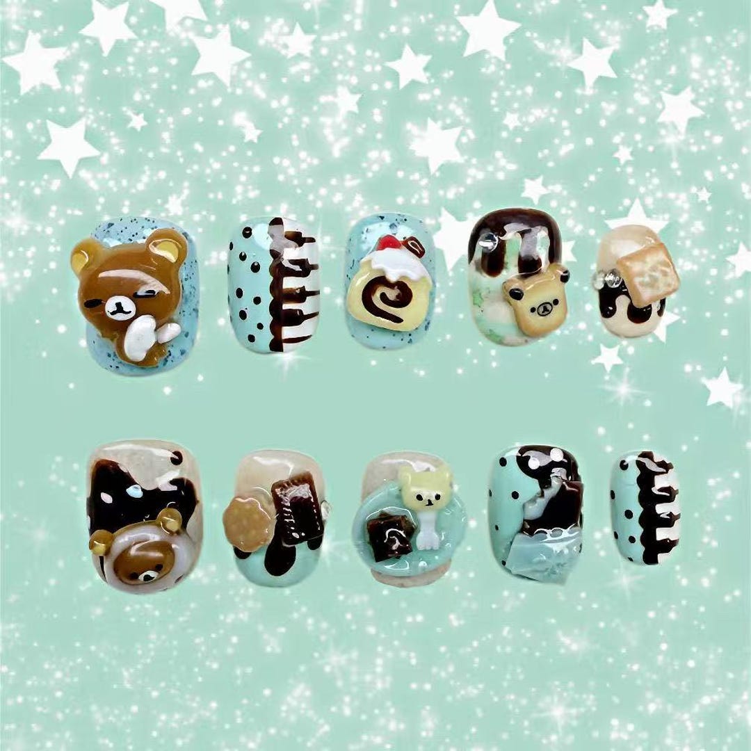 Mint Teddy Press on Nails – Kawaii Bear Nails, Mint Chocolate Nails ...