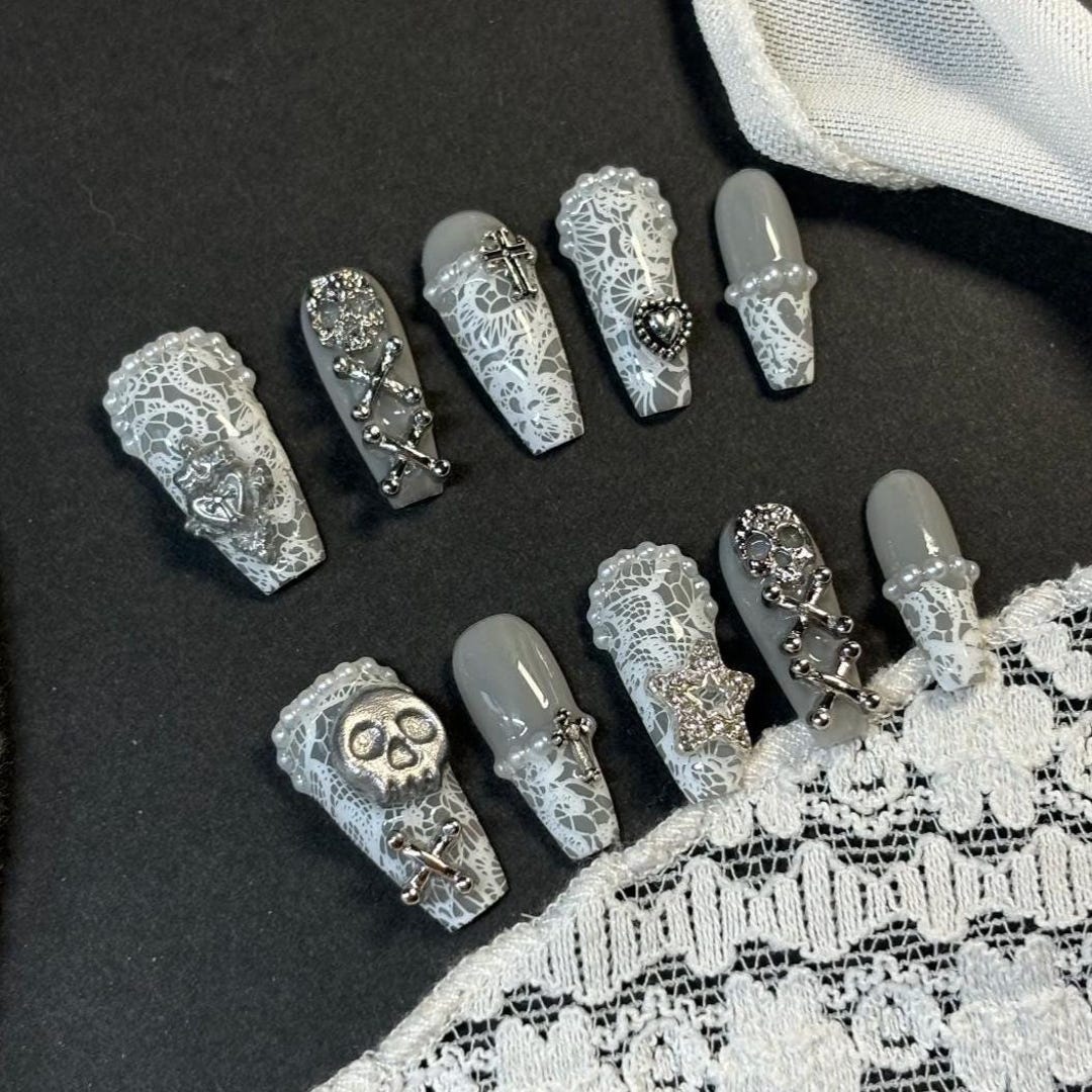 Lace & Bones Press-on Nails – Original Unique Design 3D Charms Gothic ...