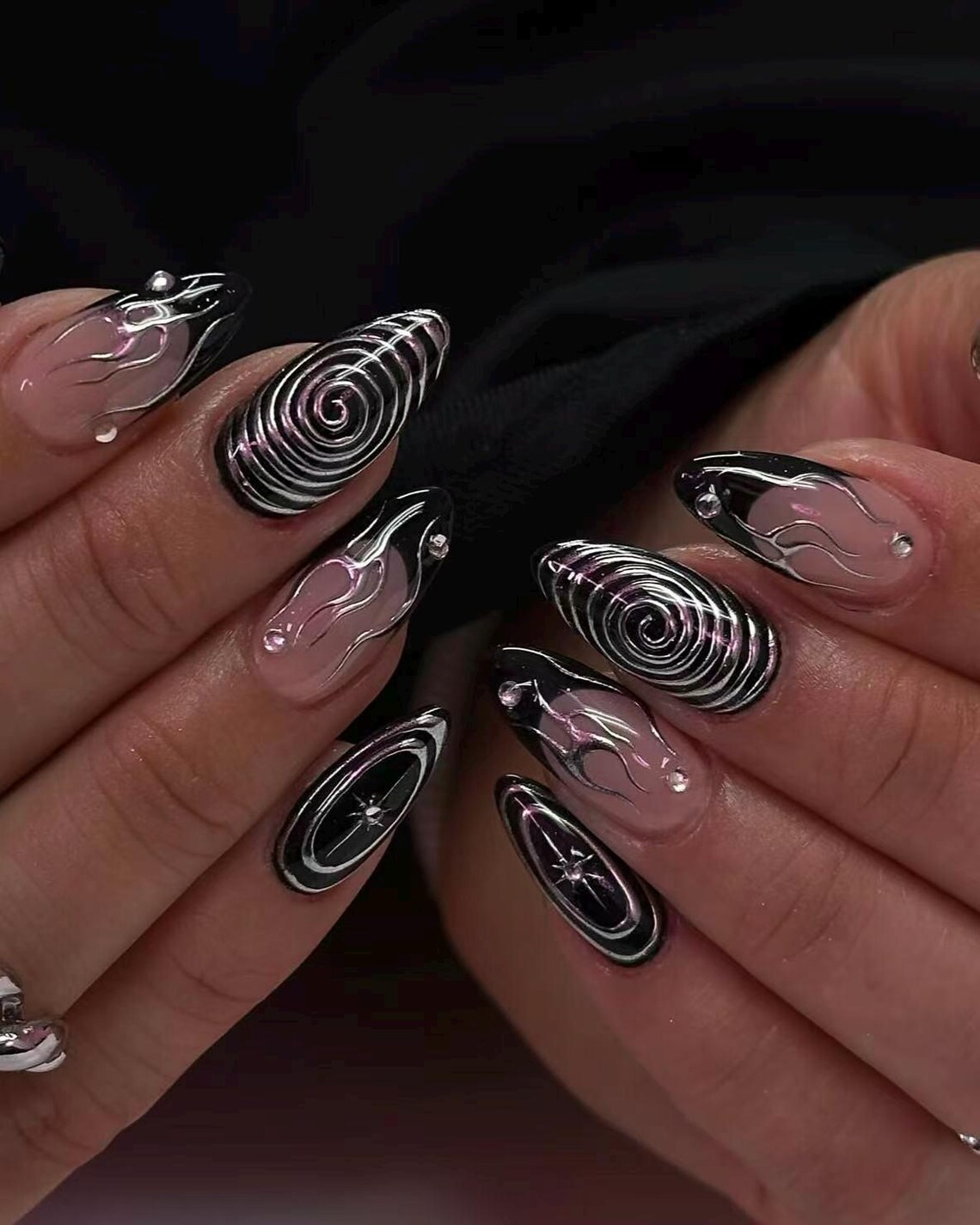 Cosmic Chrome Press on Nails – Black and Silver Nails With Flame Art ...