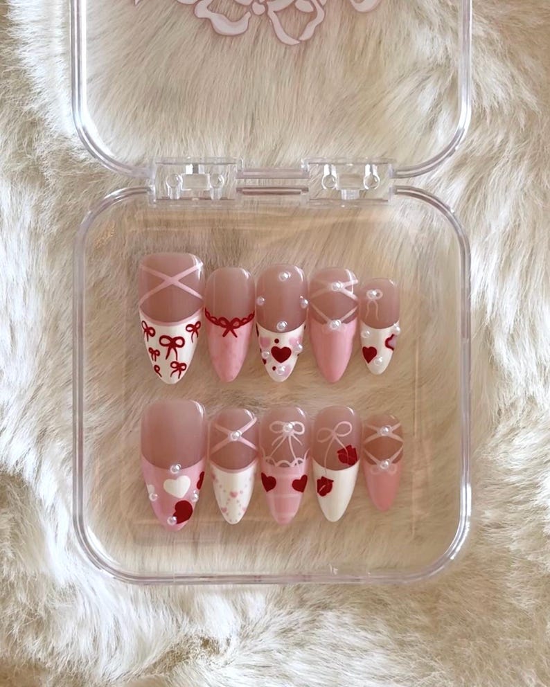 Love Note Press-on Nails – Hand-painted Hearts and Bows. Perfect for ...