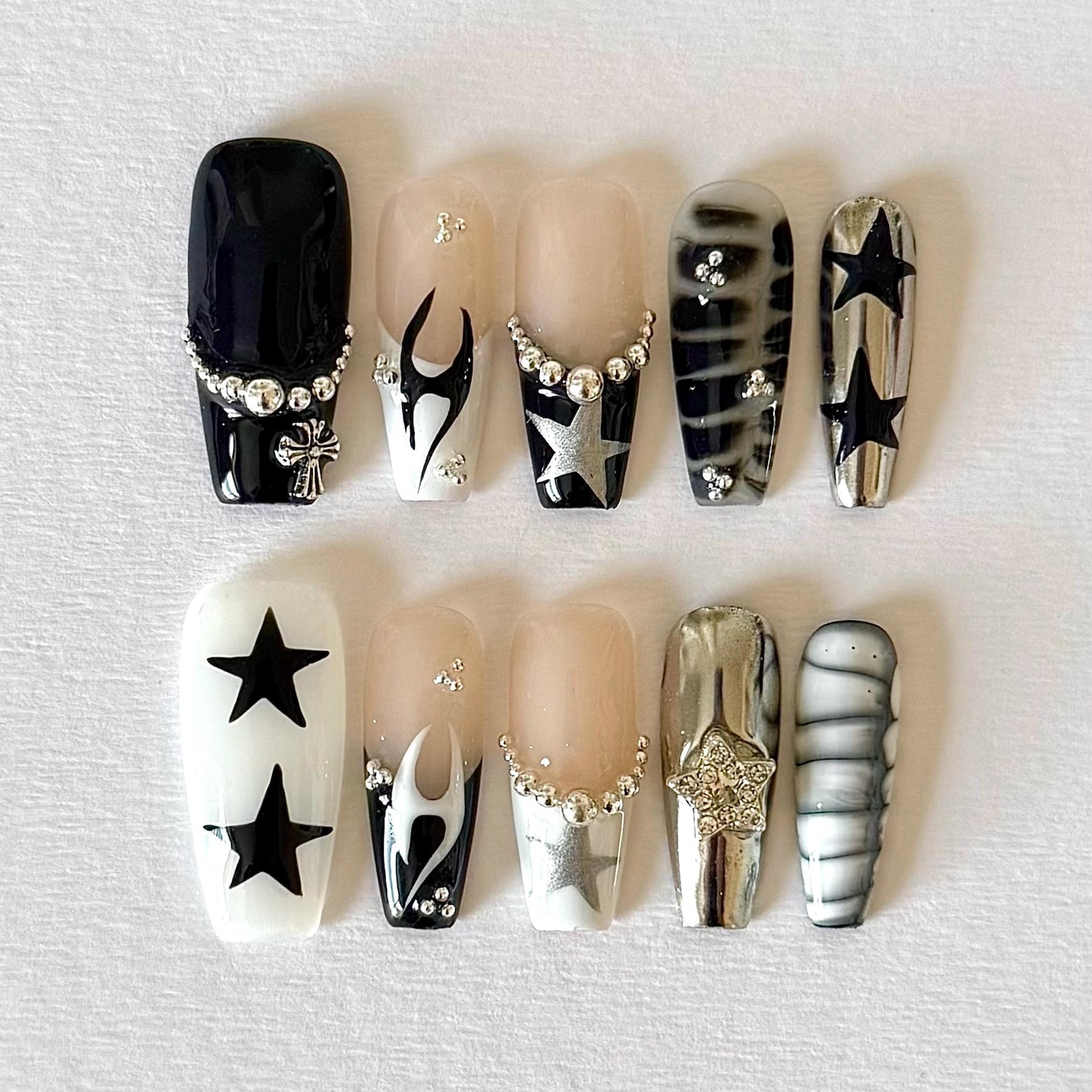 Rockstar Chrome Star Press on Nails: Black Silver 3D Punk Goth Set - Etsy