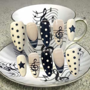 Polka Dots Musical Notes Press-on Nail – Hand-painted French Tips, Star ...