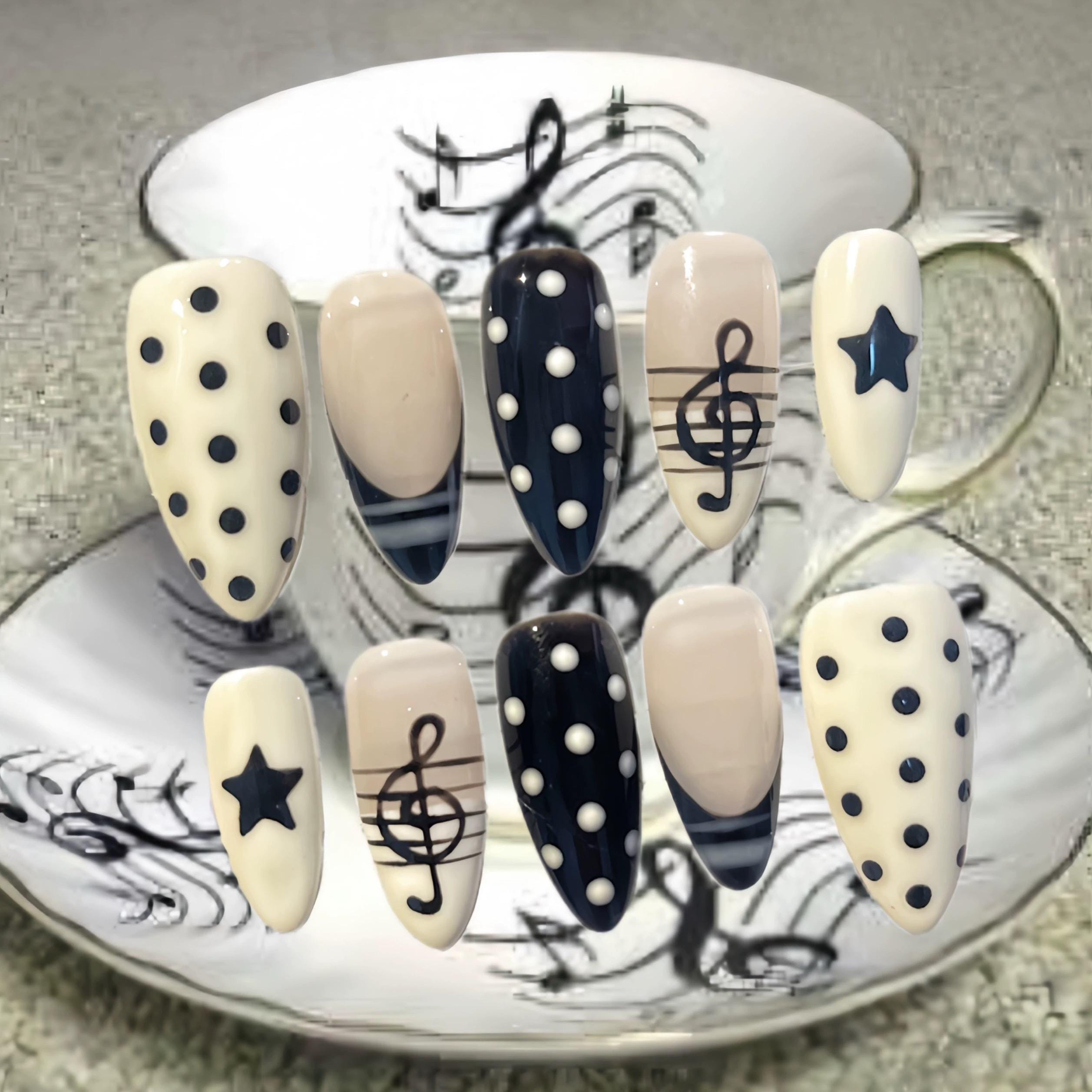 Polka Dots Musical Notes Press-on Nail – Hand-painted French Tips, Star ...