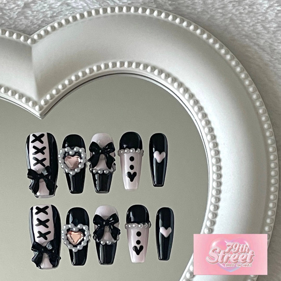 My Darling Press on Nails: Handmade Black & White Bow Heart Set - Etsy