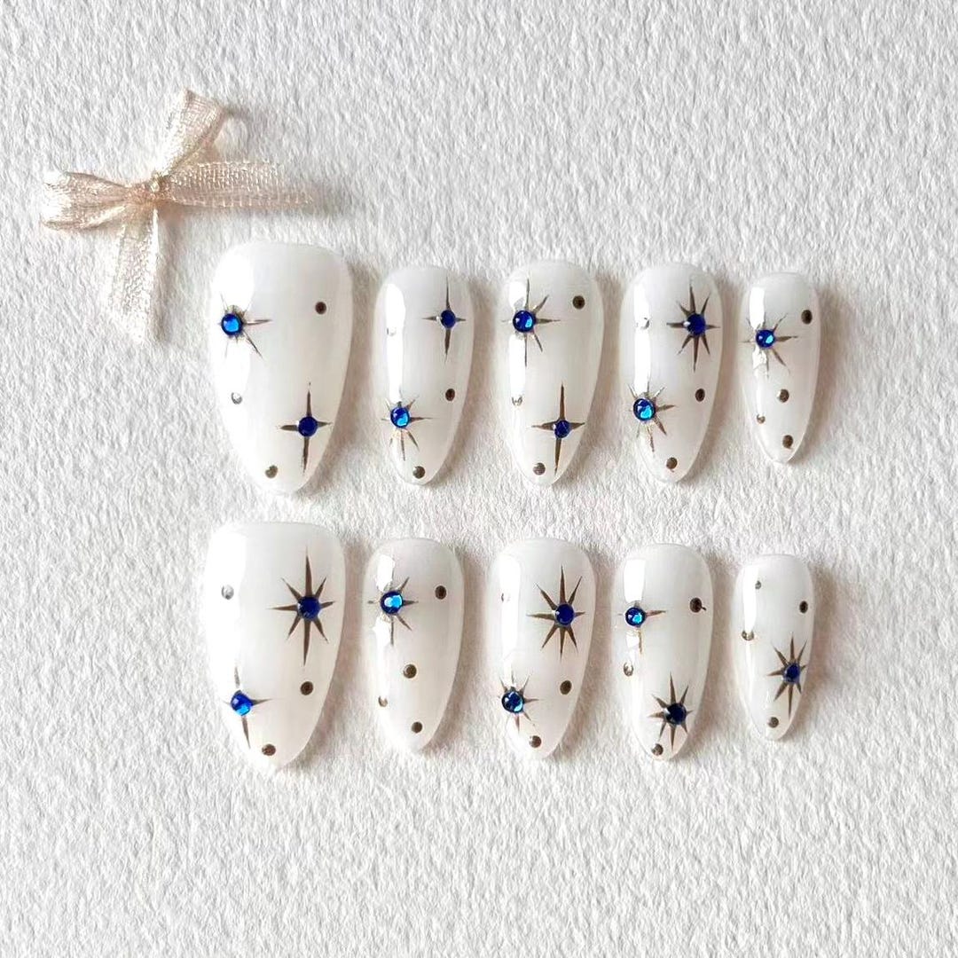 Starlight Press on Nails – White Nails With Blue Rhinestones, Celestial ...